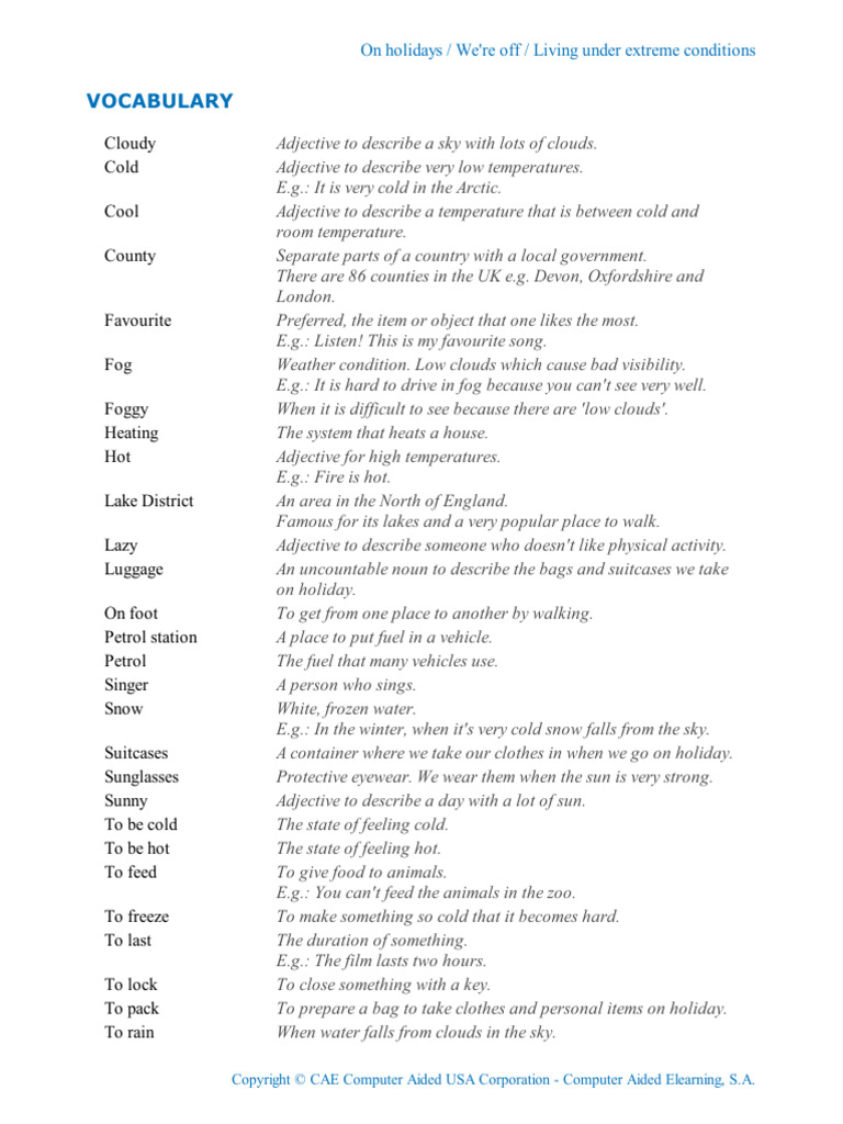 Vocabulary: Cloudy Cold Cool County | PDF | Verb | Fog