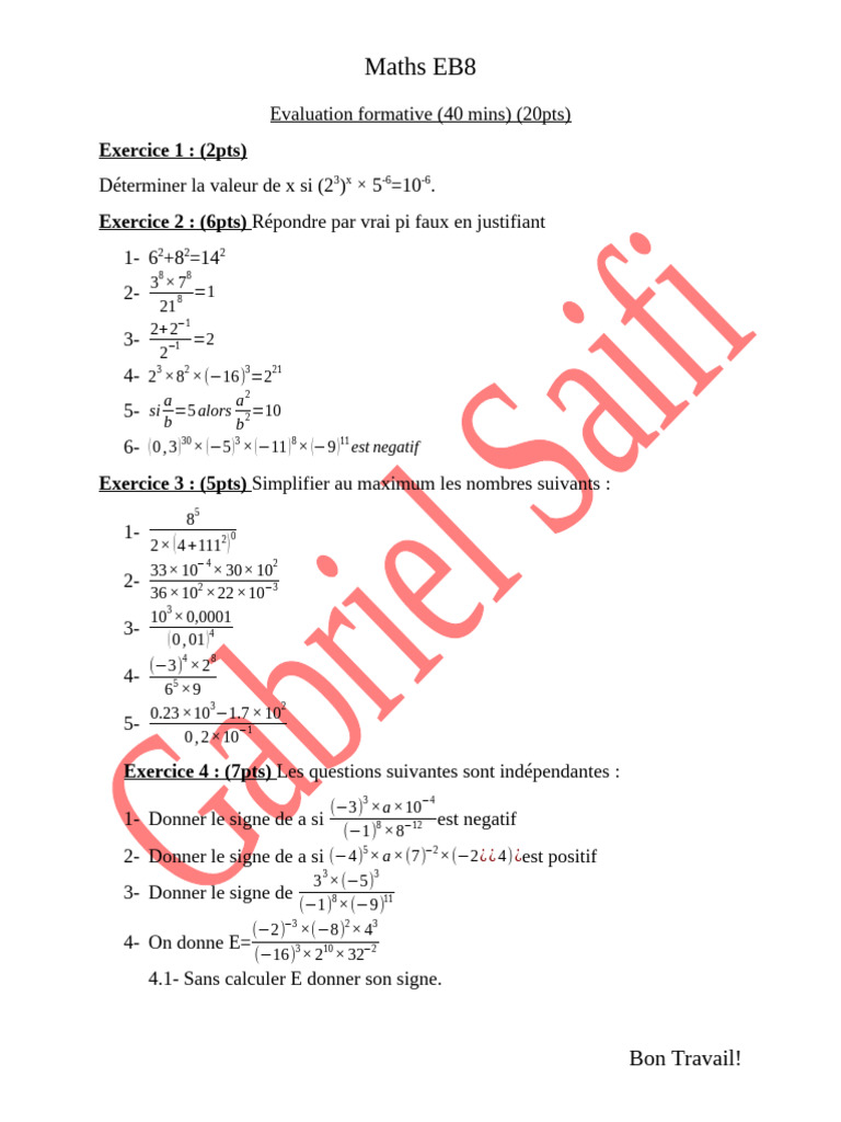 Eval Maths 1 (Chap 1 - EB8) | PDF