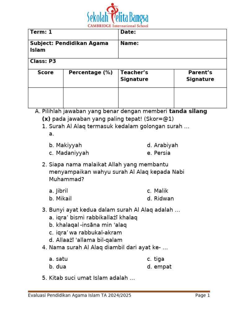 Soal Exam Term 1 Pai Kelas 3 Set B 2024-2025 | PDF