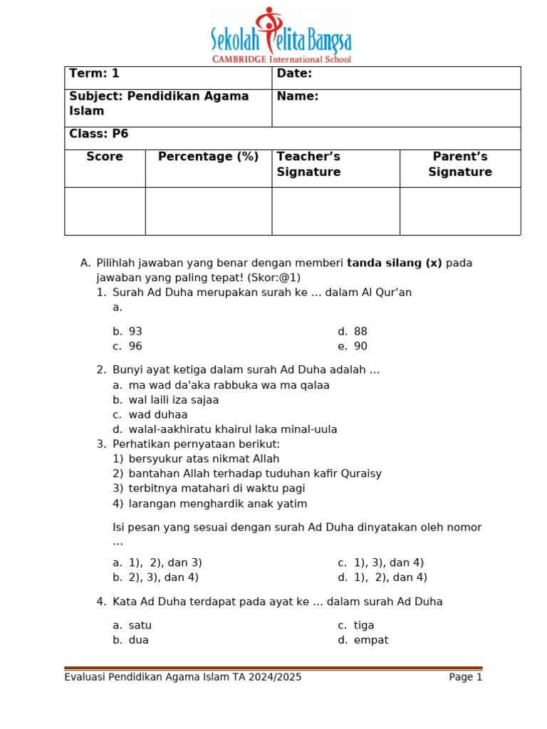 Soal Exam Term 1 Pai Kelas 6 Set B 2024-2025 | PDF