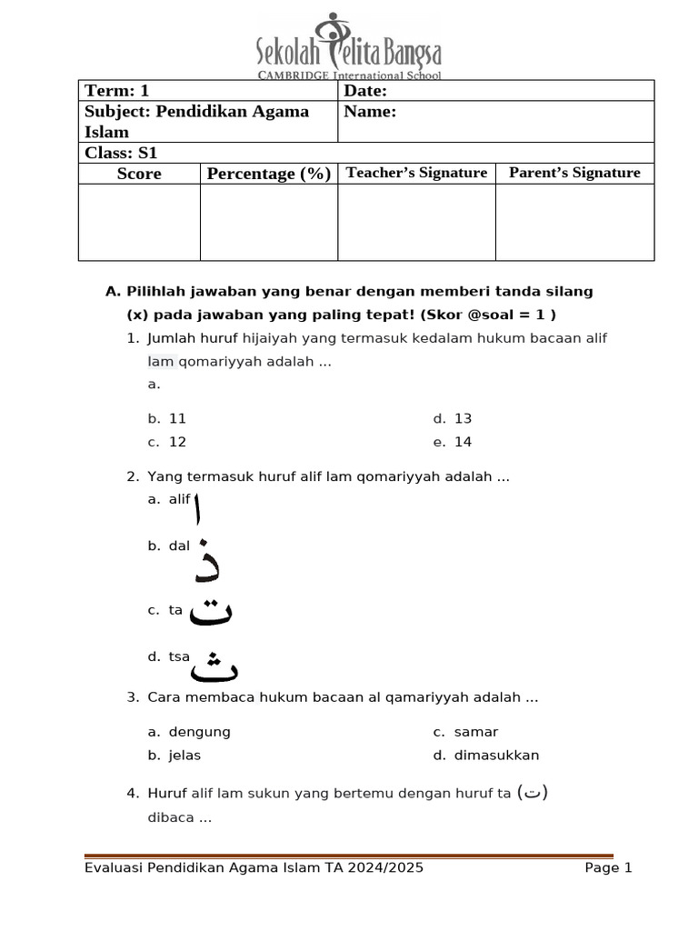 Soal Exam Term 1 Pai Kelas 7 Set B 2024-2025 | PDF