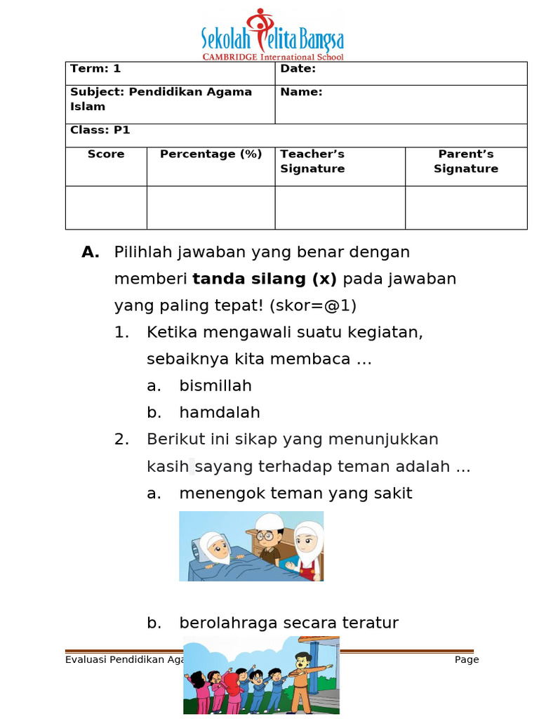 Soal Exam Term 1 Pai Kelas 1 2024-2025 | PDF