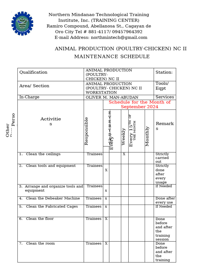 Maintenance Schedule Animal Production | PDF