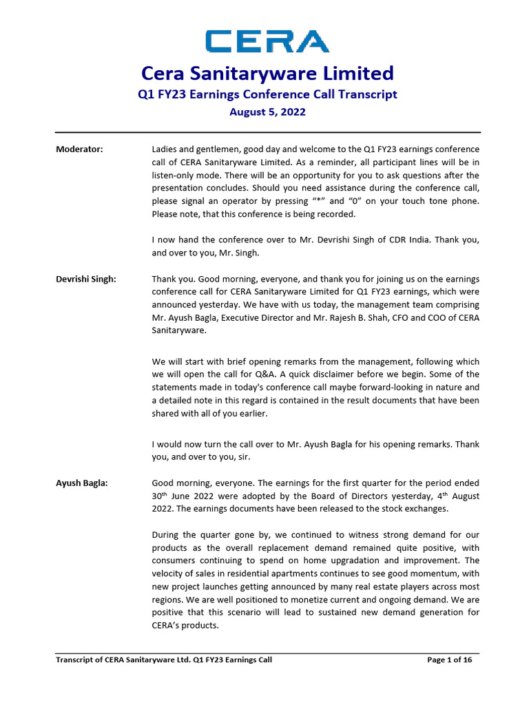 Cera Sanitaryware Limited: Q1 FY23 Earnings Conference Call Transcript ...
