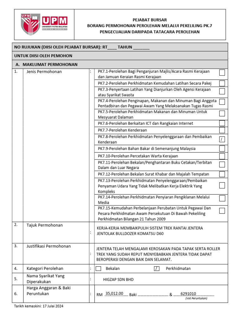 Borang PK7 - Bulldozer | PDF