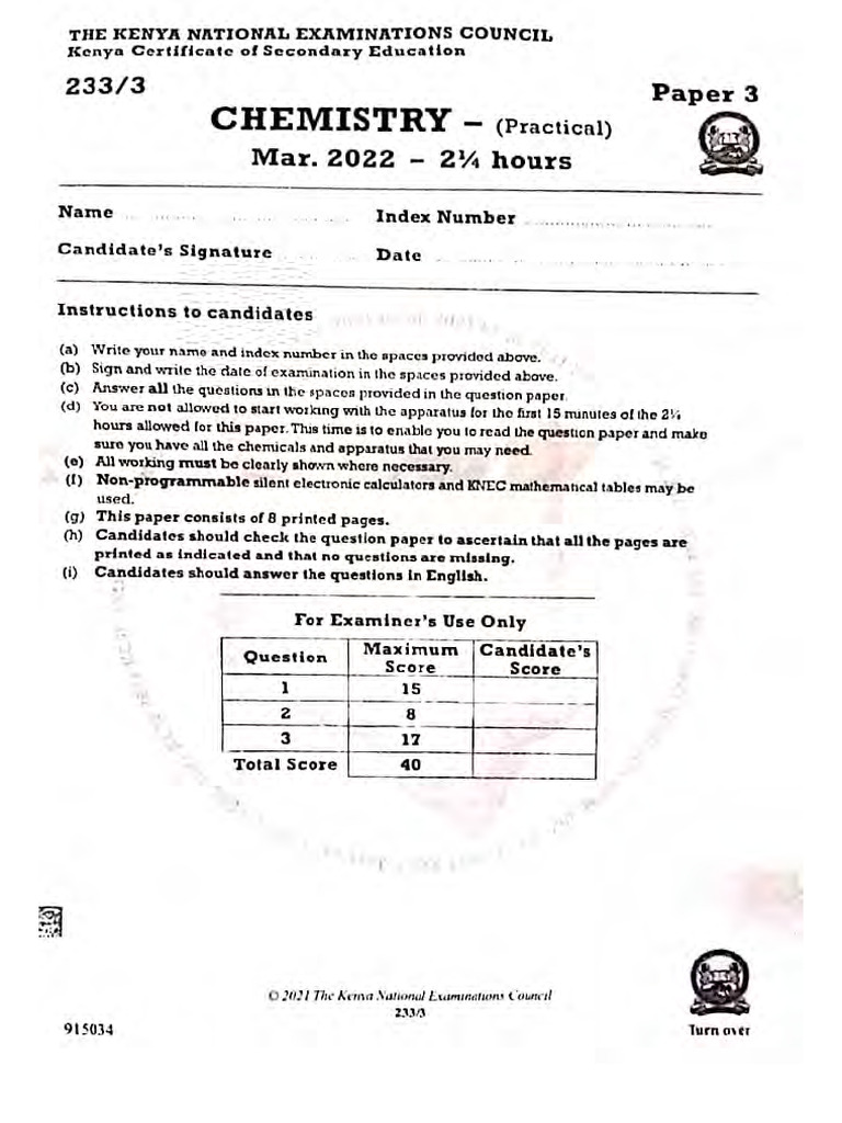2021 KCSE Chemistry Paper 3 Marking Scheme | PDF