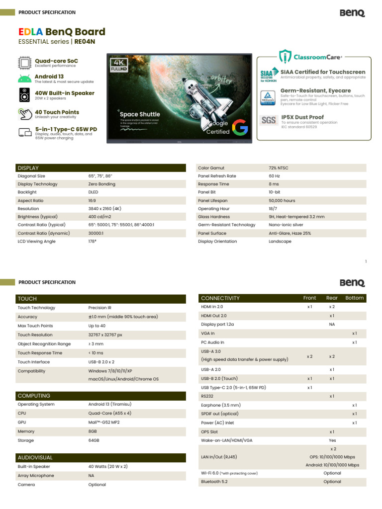 BenQ Board RE04N Spec Sheet - 2024 0626 | PDF | Display Technology ...