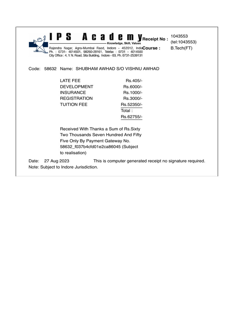 Receipt IPS Academy | PDF