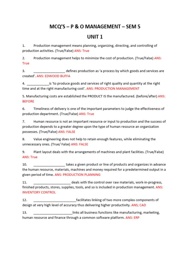P&O Management MCQs for Students | PDF | Warehouse | Forecasting