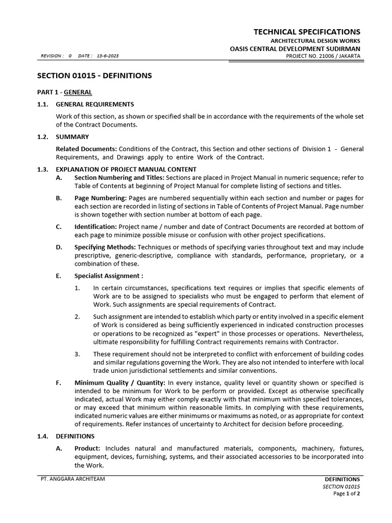 Ocs - Section 01015 - Definitions | PDF | Specification (Technical Standard) | Architect