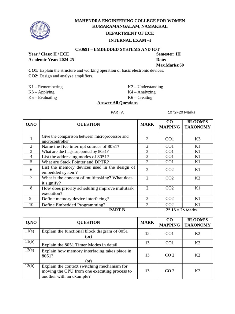 Eiot Int 1 QP | PDF | Embedded System | Electronic Engineering