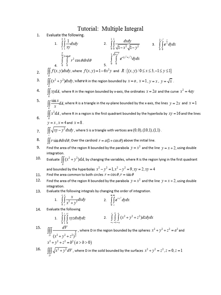 1st Feb Multiple Integrals Tutorial | PDF | Elementary Mathematics | Analytic Geometry