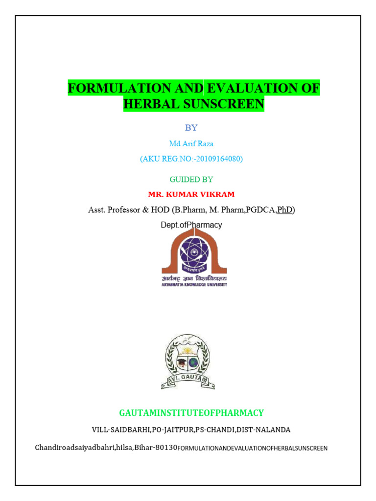 B Pharmacy 8th Sem Project | PDF | Sunscreen | Ph