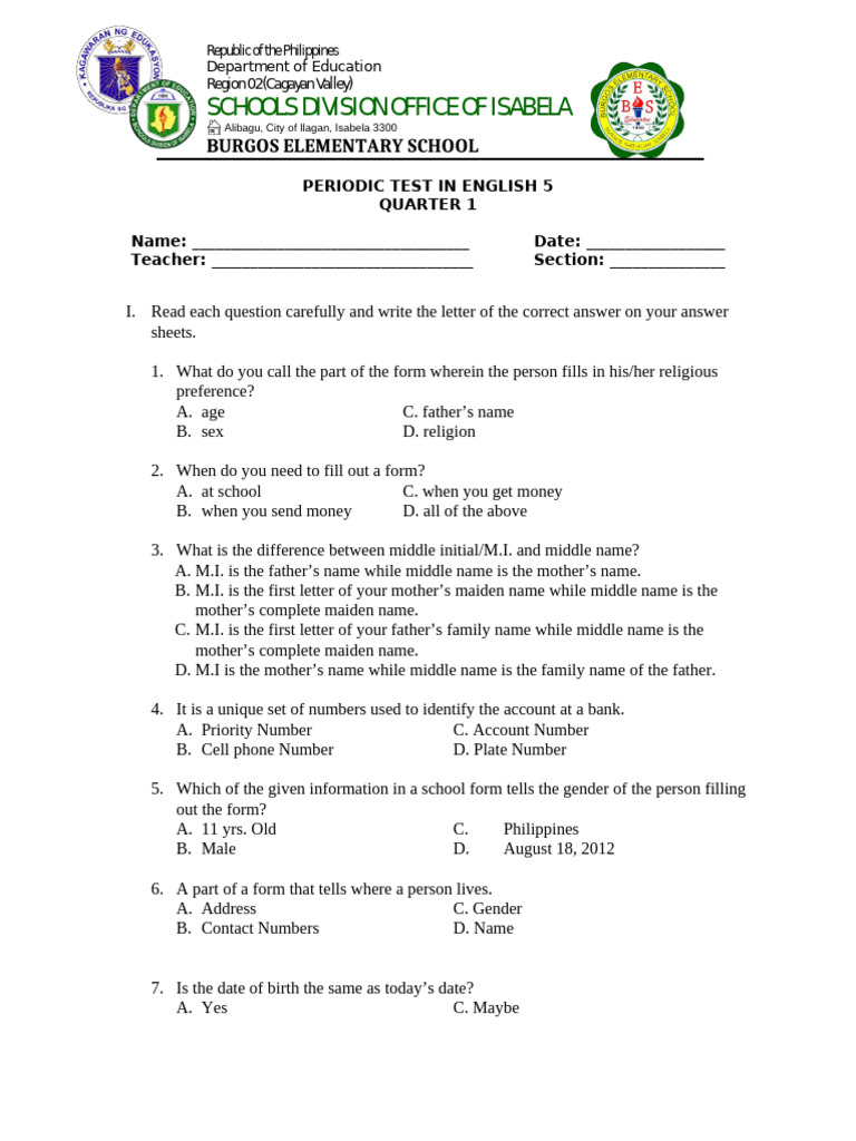 English 5 Q1 PT 2023-2024 | PDF | Sentence (Linguistics) | Subject ...