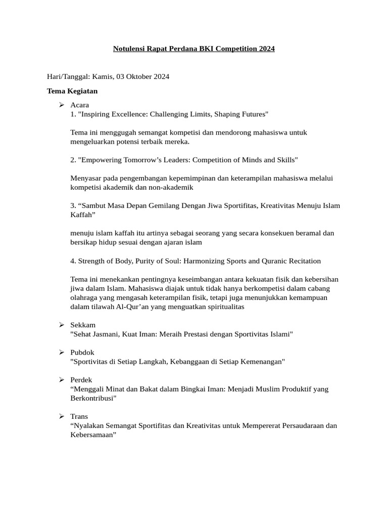 Notulensi Rapat Perdana BKI Competition 2024 | PDF | Agama & Spiritualitas