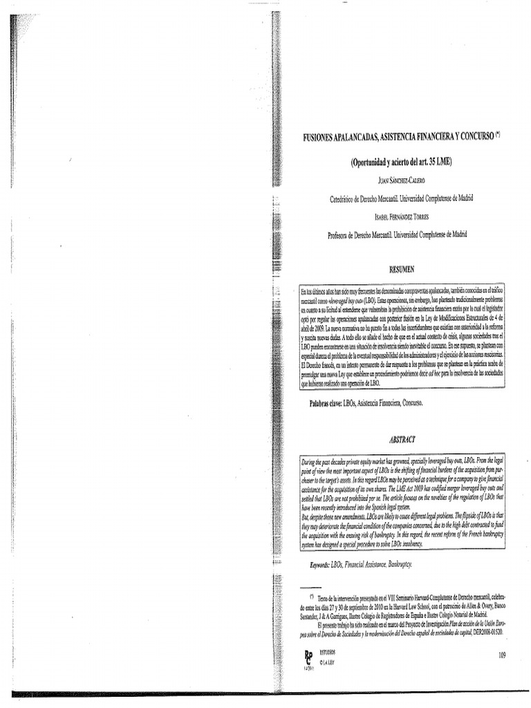 Sanchez Calero.-Fusiones Apalancadas, Asistencia Financiera | PDF