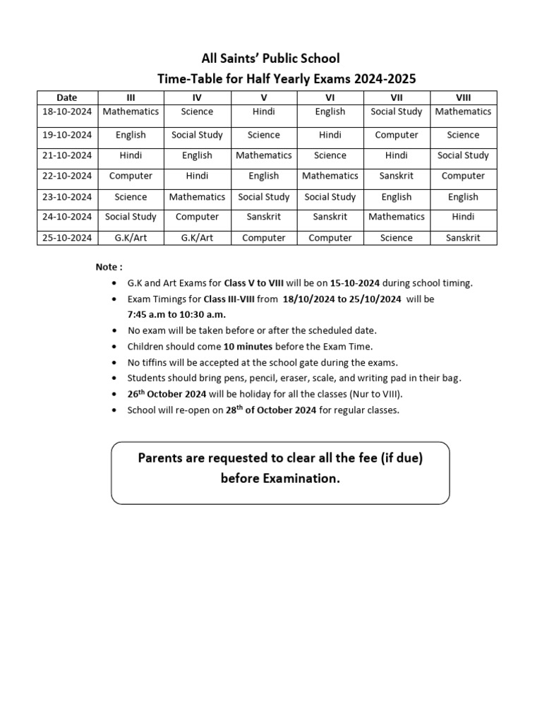 Half Yearly Time-Table 2024 (III-VIII) | PDF