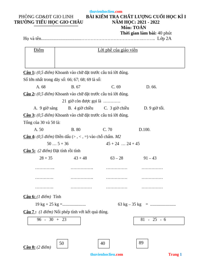 De KT HK1 TH Gio Chau 2021 2022 | PDF