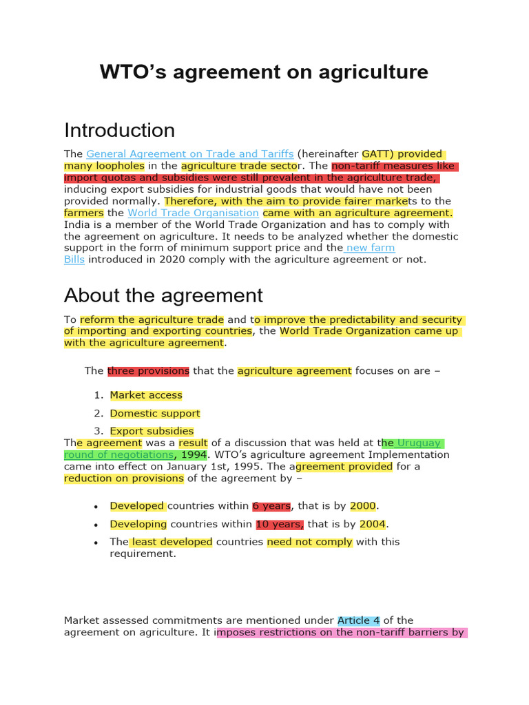WTO Agreement On Agriculture | PDF | World Trade Organization | Subsidy