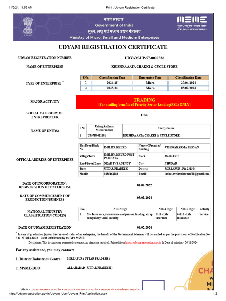 Print - Udyam Registration Certificate | PDF | Government