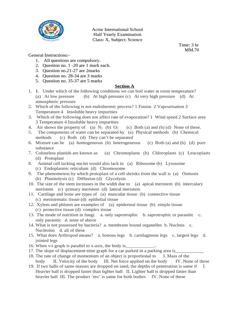CLASS 9TH SCIENCE Sample Paper | PDF | Tissue (Biology) | Force
