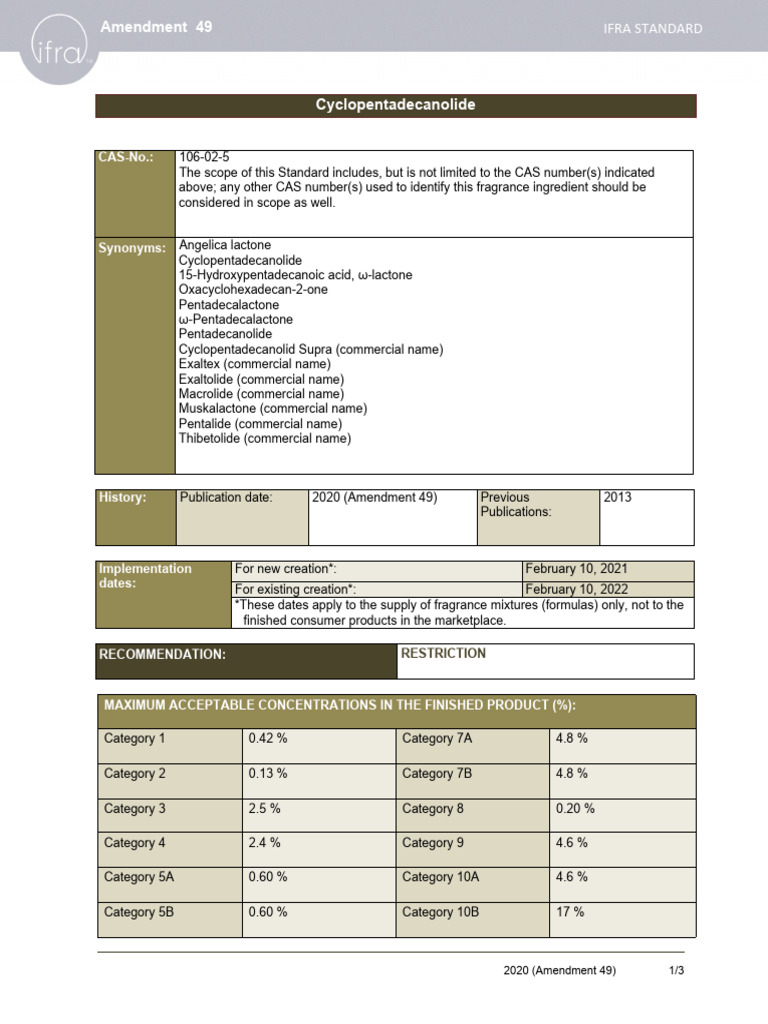 Exaltolide - IFRA - STD - 026 - Musk Synthetic - 2,4 Percent | PDF ...