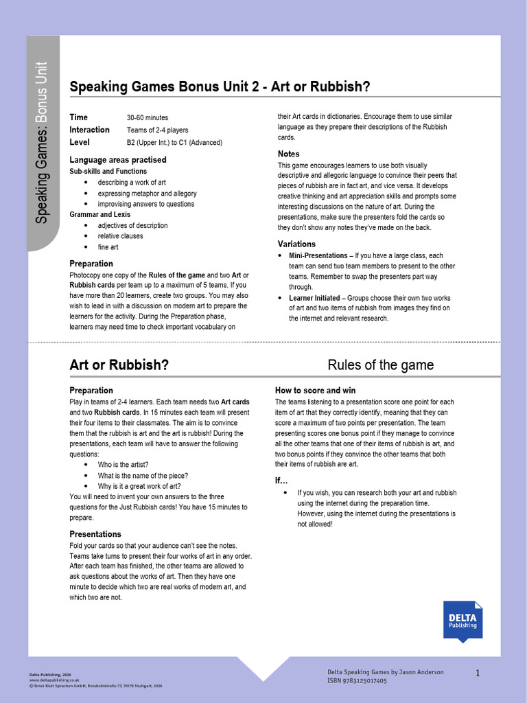 Art or Rubbish? Speaking Game | PDF | Linguistics