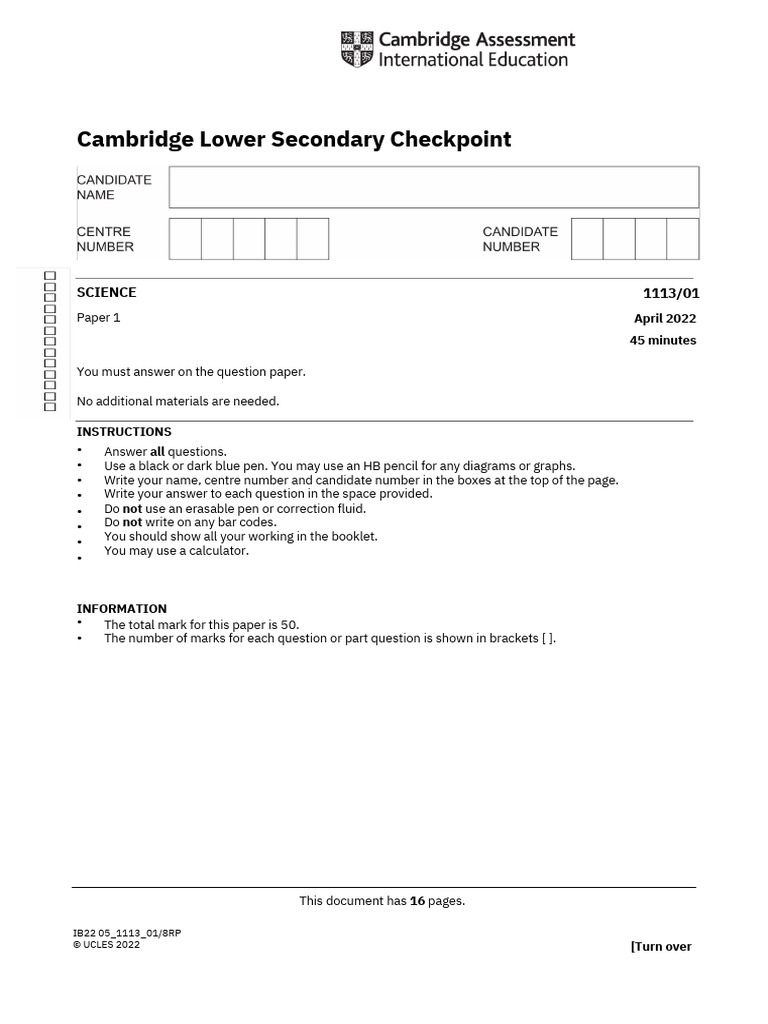 April 2022 CAIE P1 Questions 1113 Science Cambridge Lower Secondary ...
