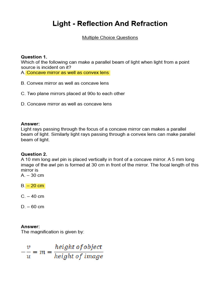 Light - Reflection and Refraction (Adeeb's) | PDF | Mirror | Refraction
