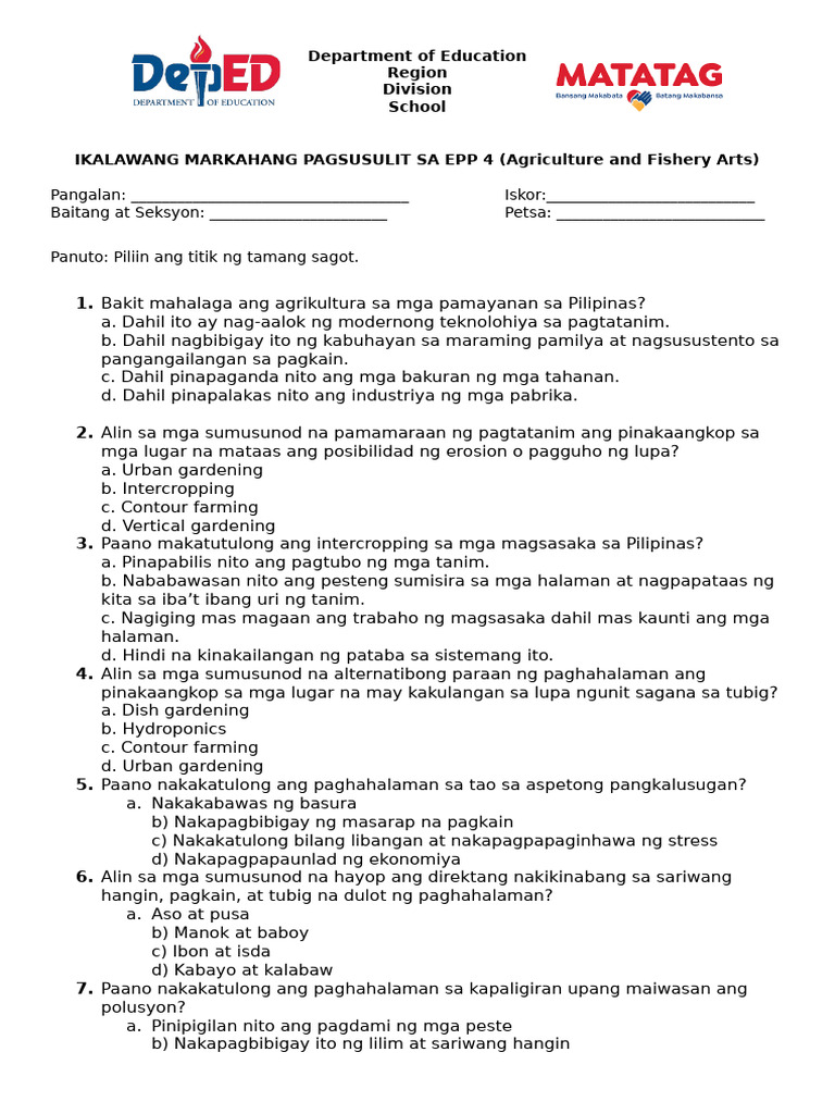 Q2 G4 Exam Epp - Afa | PDF
