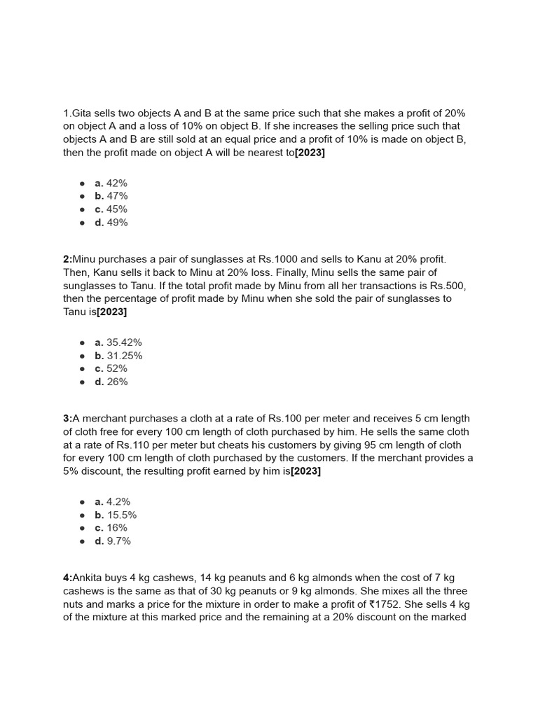 PYQs Profit and Loss | PDF | Financial Markets | Economies