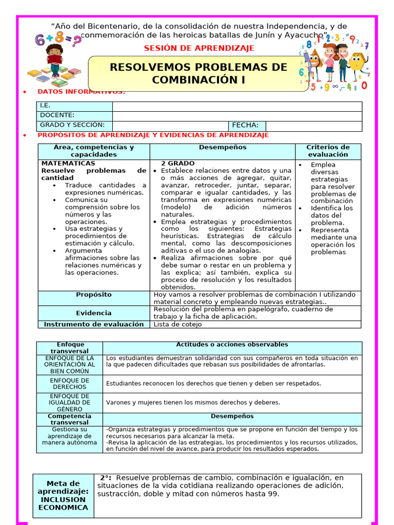 2º U7 s3 Sesion d2 Mat Resolvemos Problemas de Combinacion 1 Maestras de Primaria Del Peru | PDF ...