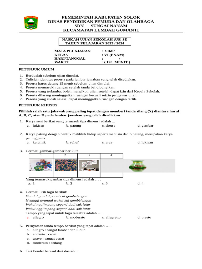 Soal SBDP Kelas 6 2023-2024 | PDF