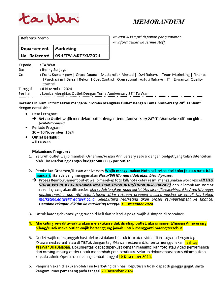 MEMO 094 - TW-MKT - XI - 2024 - Lomba Menghias Outlet Dengan Tema Anniversary 28th Ta Wan | PDF ...