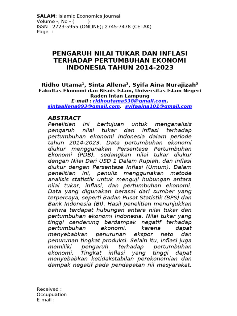 Pengaruh Nilai Tukar Dan Inflasi Terhadap Pertumbuhan Ekonomi Indonesia Tahun 2014-2023 | PDF ...