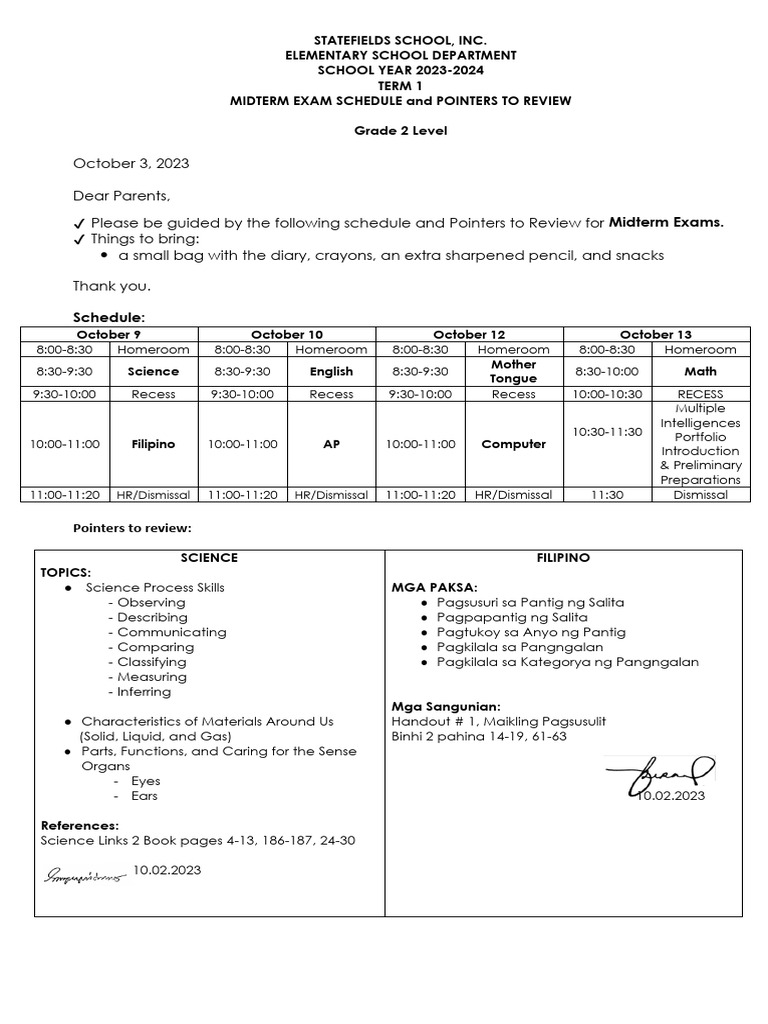 Grade 2 - MIDTERM Exams POINTERS TERM 1 - Signed | PDF | Linguistics