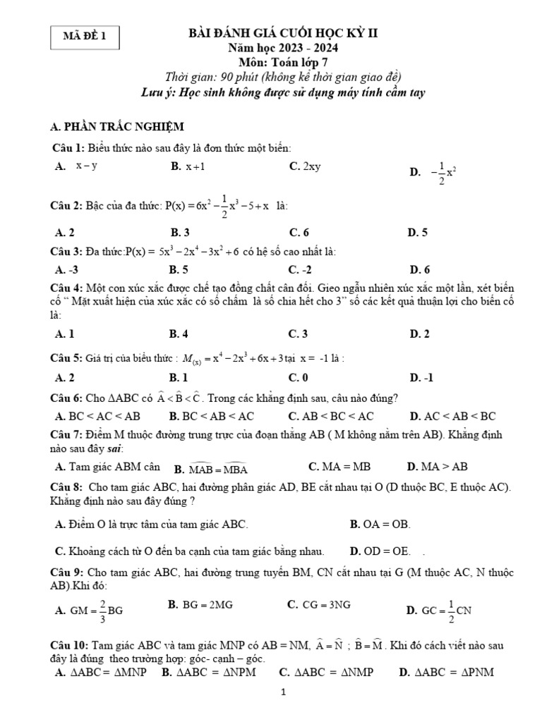 Đê Toán 7 Hkii Nam 2024 | PDF