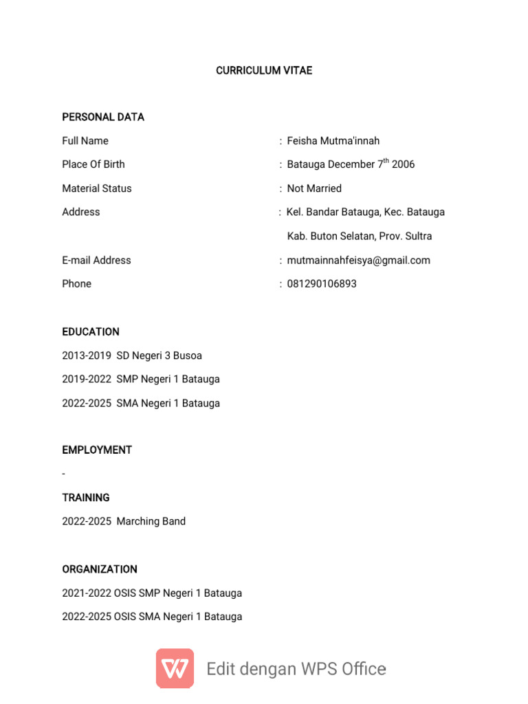 Curriculum Vita-Wps Office Feisha | PDF