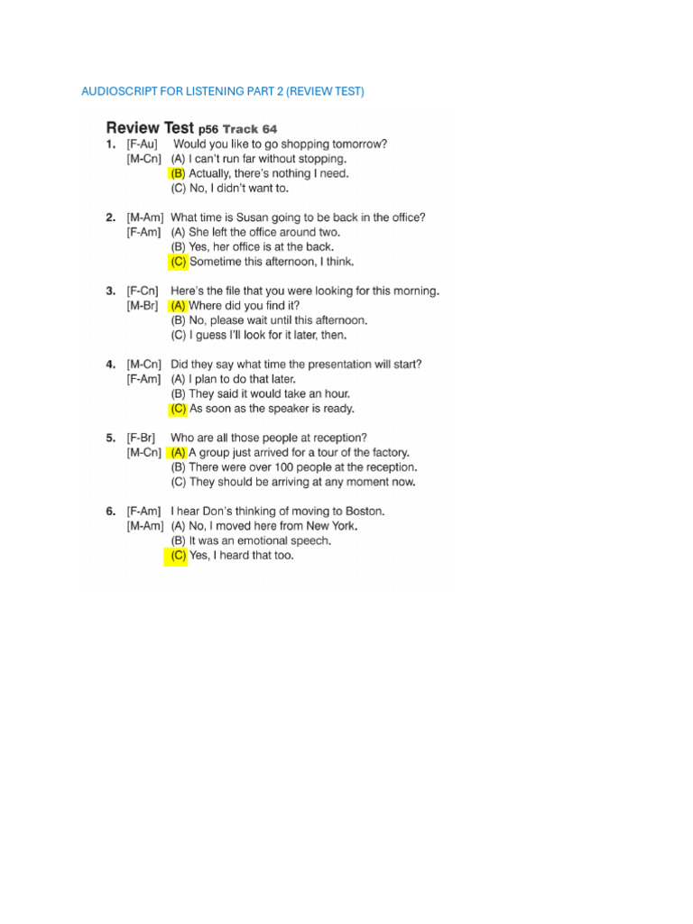 Audioscript Part 2 Review Test Pdf