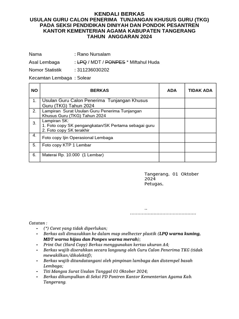 Form Usulan TKG-1 | PDF