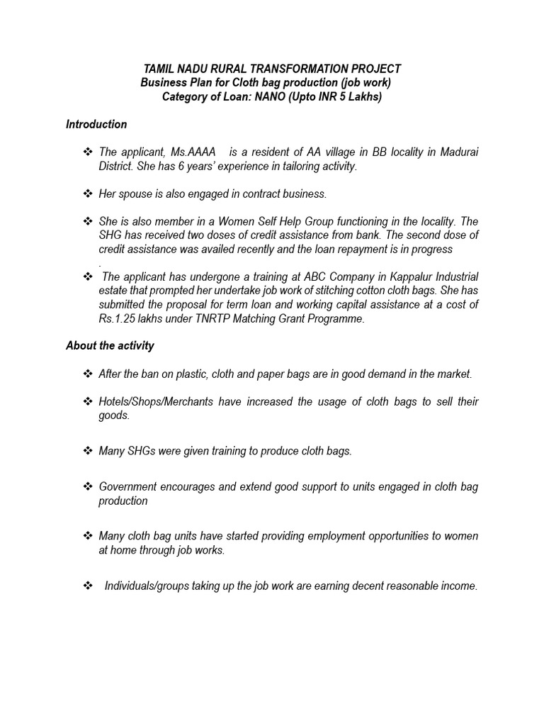 Cloth Bag Job Work Business Plan | PDF | Sewing Machine | Expense