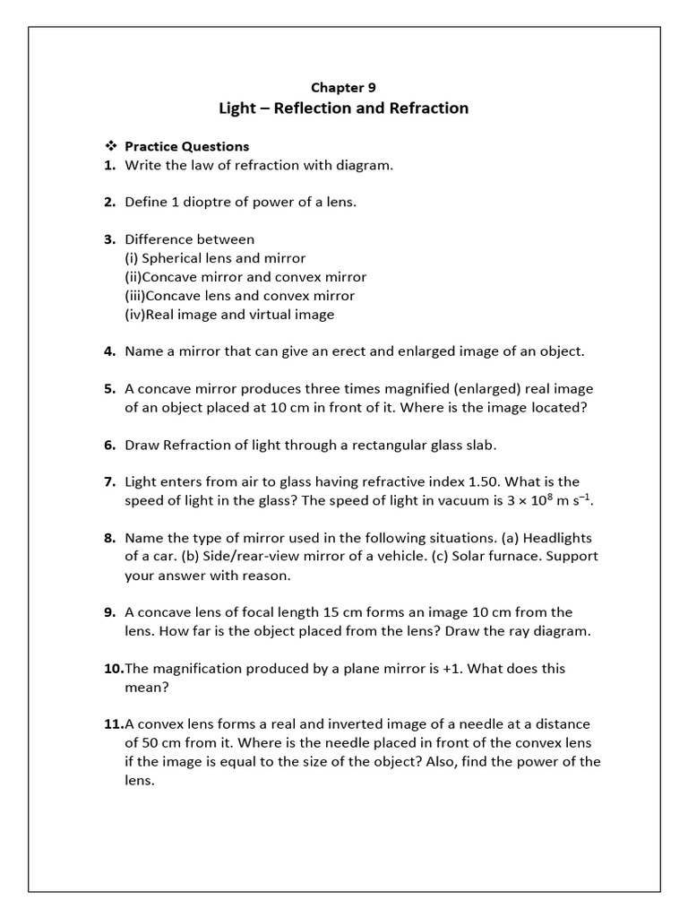 Chapter 9 Physics Worksheet | PDF | Mirror | Electromagnetic Radiation