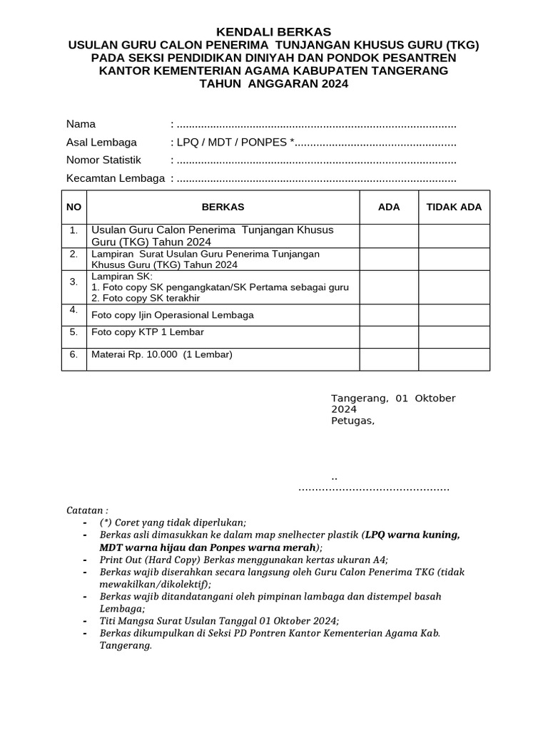 Form Usulan TKG-1 | PDF