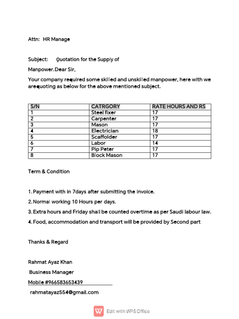 Manpower Supply Quotation Format | PDF