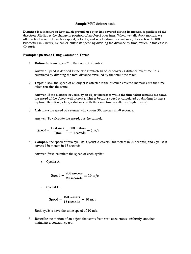 Sample MYP Science Task | PDF | Speed | Time