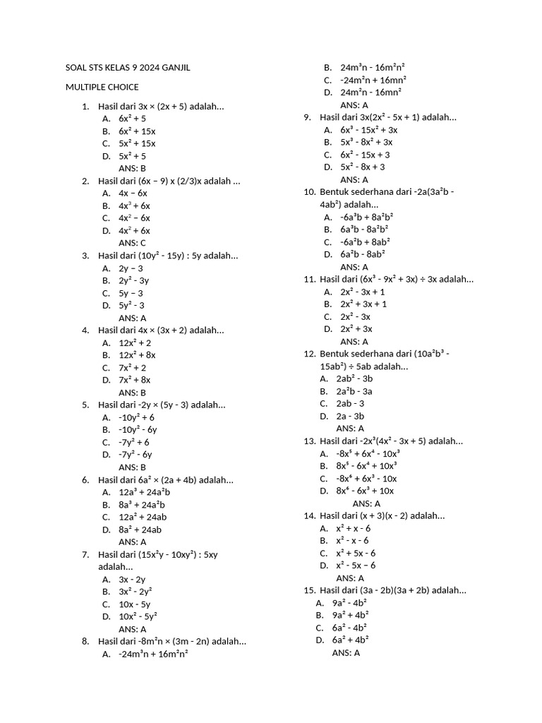 Soal STS MTK Kelas 9 2024-2025 Ganjil | PDF