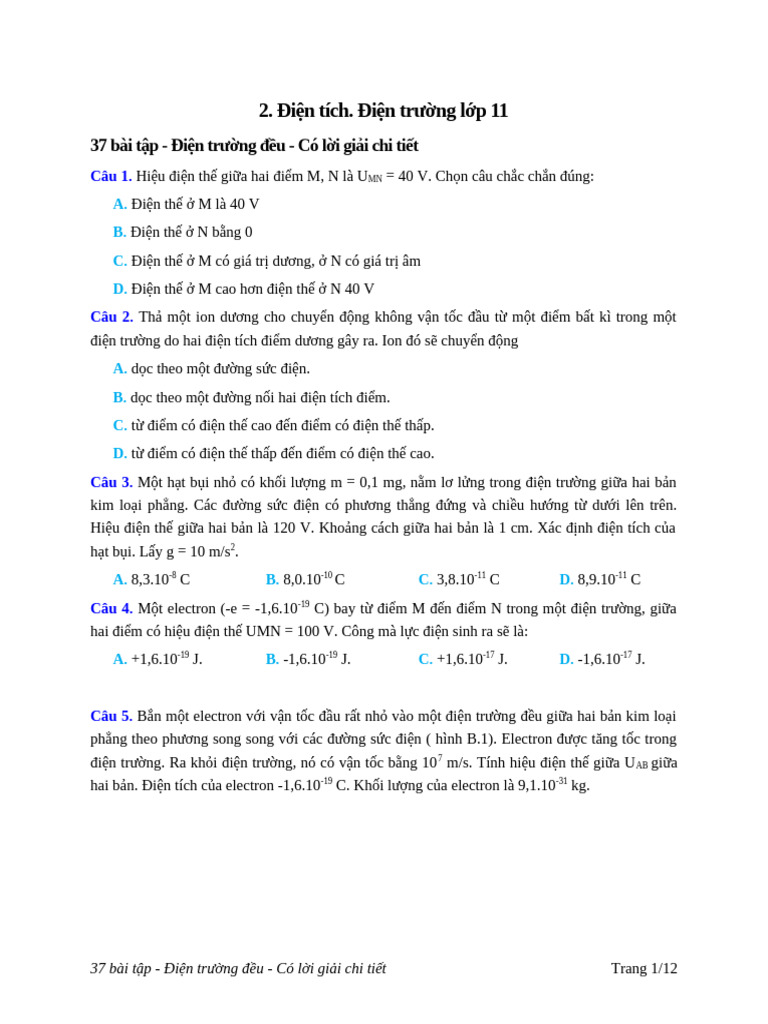 (Lib24.Vn) Bai Tap Trac Nghiem Dien Truong Deu Co Loi Giai Chi Tiet | PDF