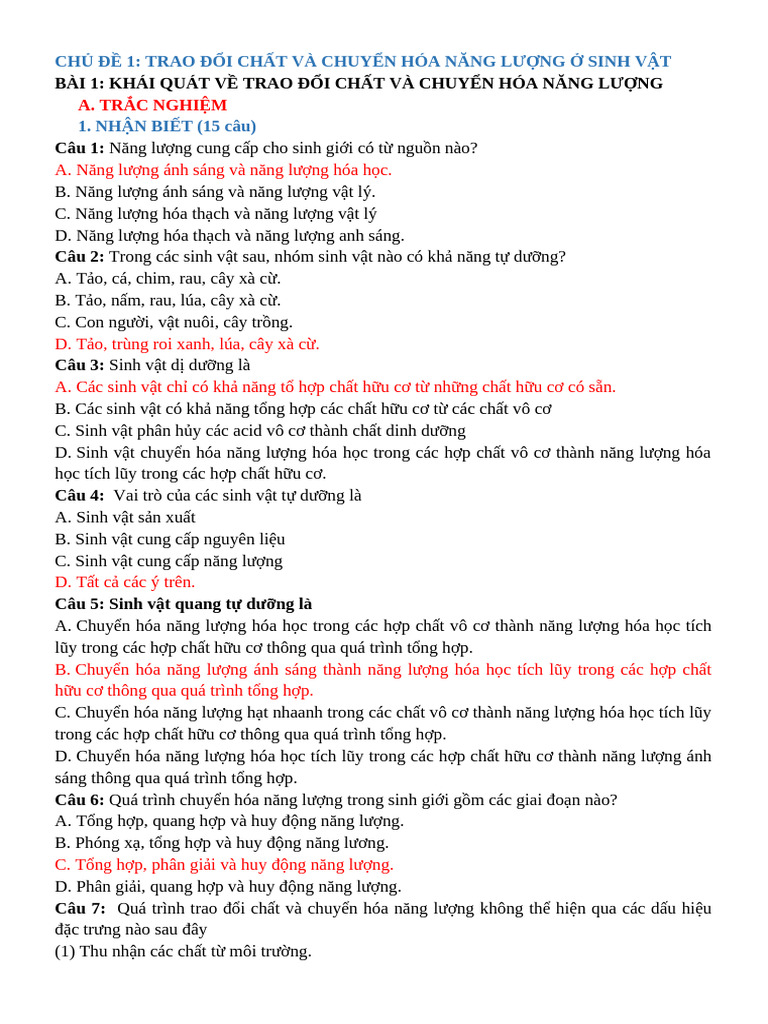 Bai 1. de Khai Quat Ve Trao Doi Chat Va Chuyen Hoa Nang Luong-1 | PDF