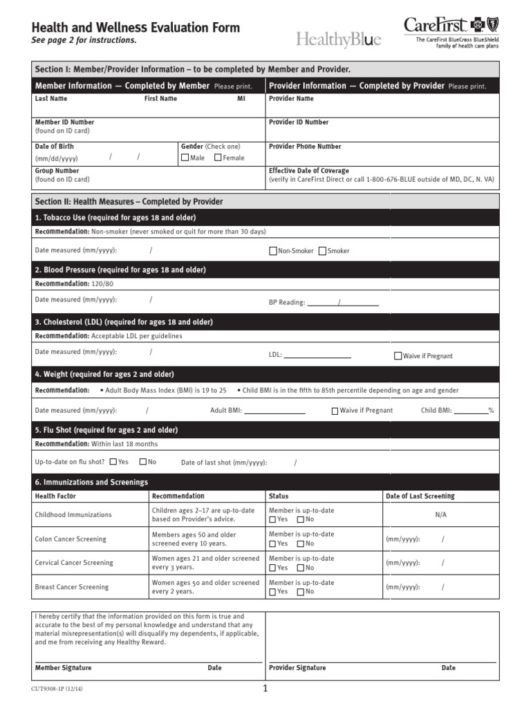 Carefirst Health Assessment Form 2015 | PDF | Screening (Medicine ...