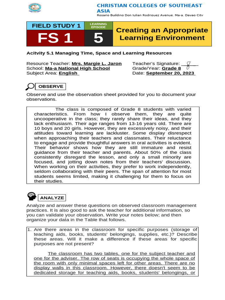 Episode 5 - Creating An Appropriate Learning Environment | PDF ...